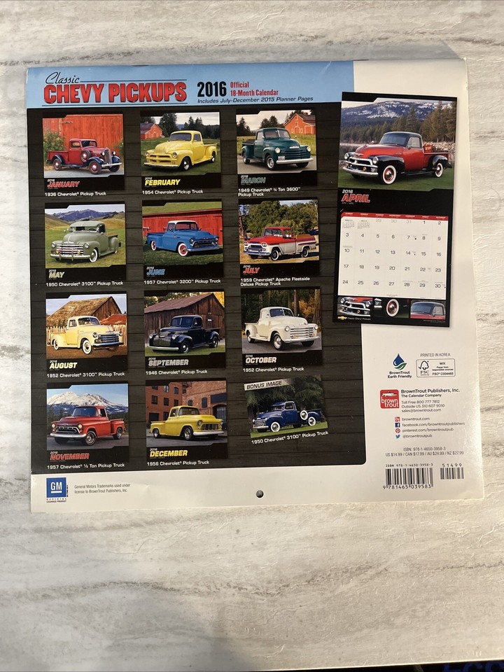 BrownTrout Classic Chevy Pickups 2016 12 x 12 Wall Calendar, New No ...