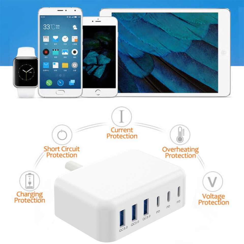 Fast USB-C Wall Charger 6-Port USB Hub Charging Station PD Power ...