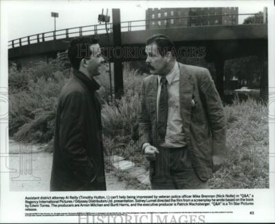 1990 Press Photo Actors Timothy Hutton and Nick Nolte in Scene of "Q&A ...