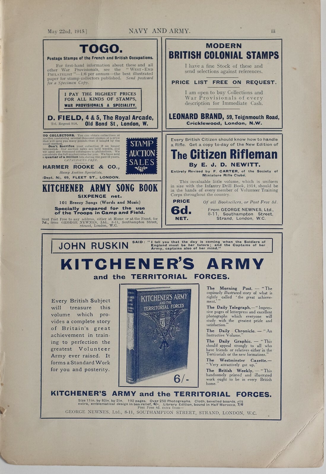 1915 WW1 PRINT ADVERT ADVERTISMENT BRITISH COLONIAL STAMPS KITCHENER ...