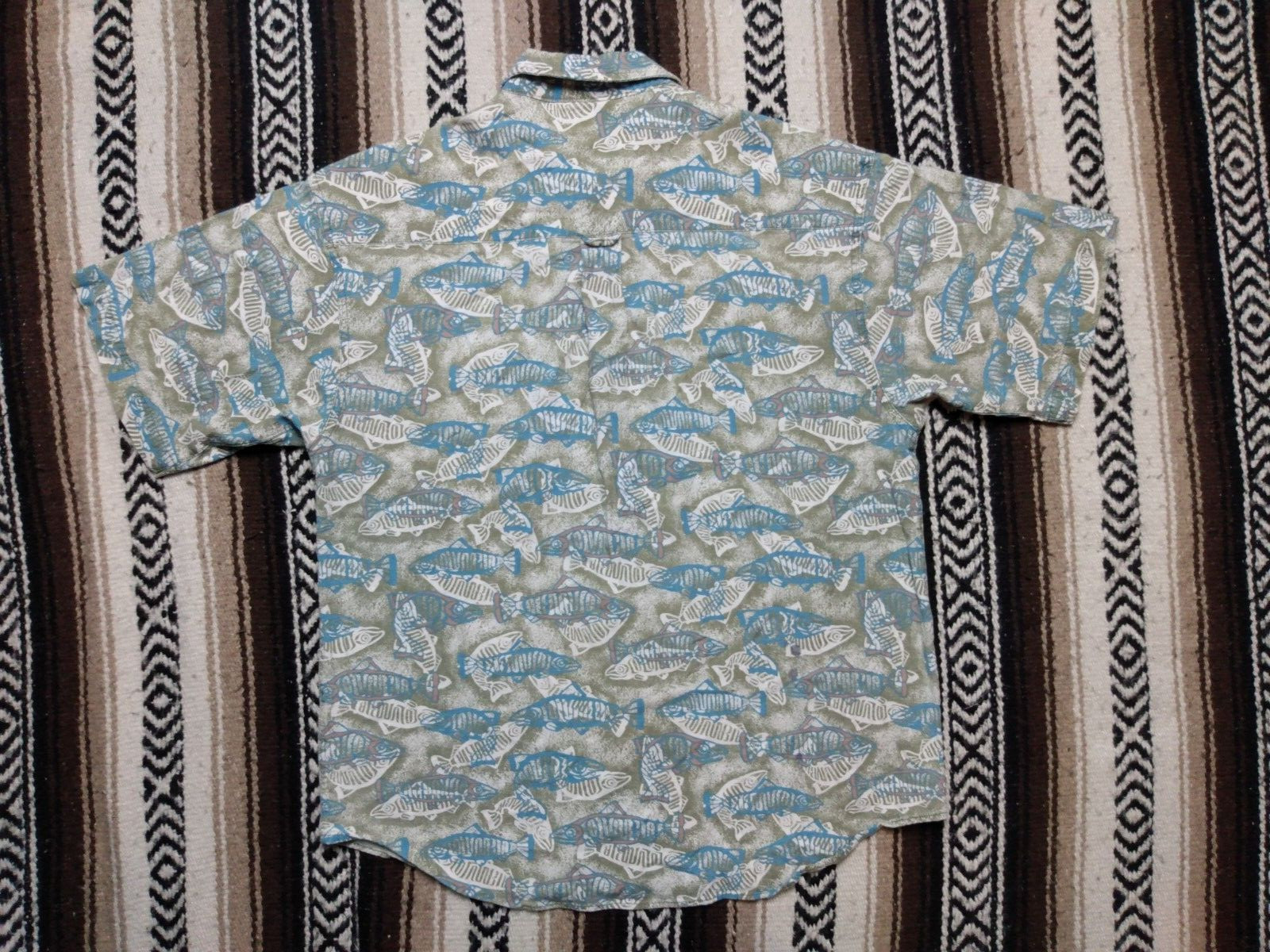 Columbia Camp Shirt vtg 90s Salmon Fish Hiking Rayon … - Gem