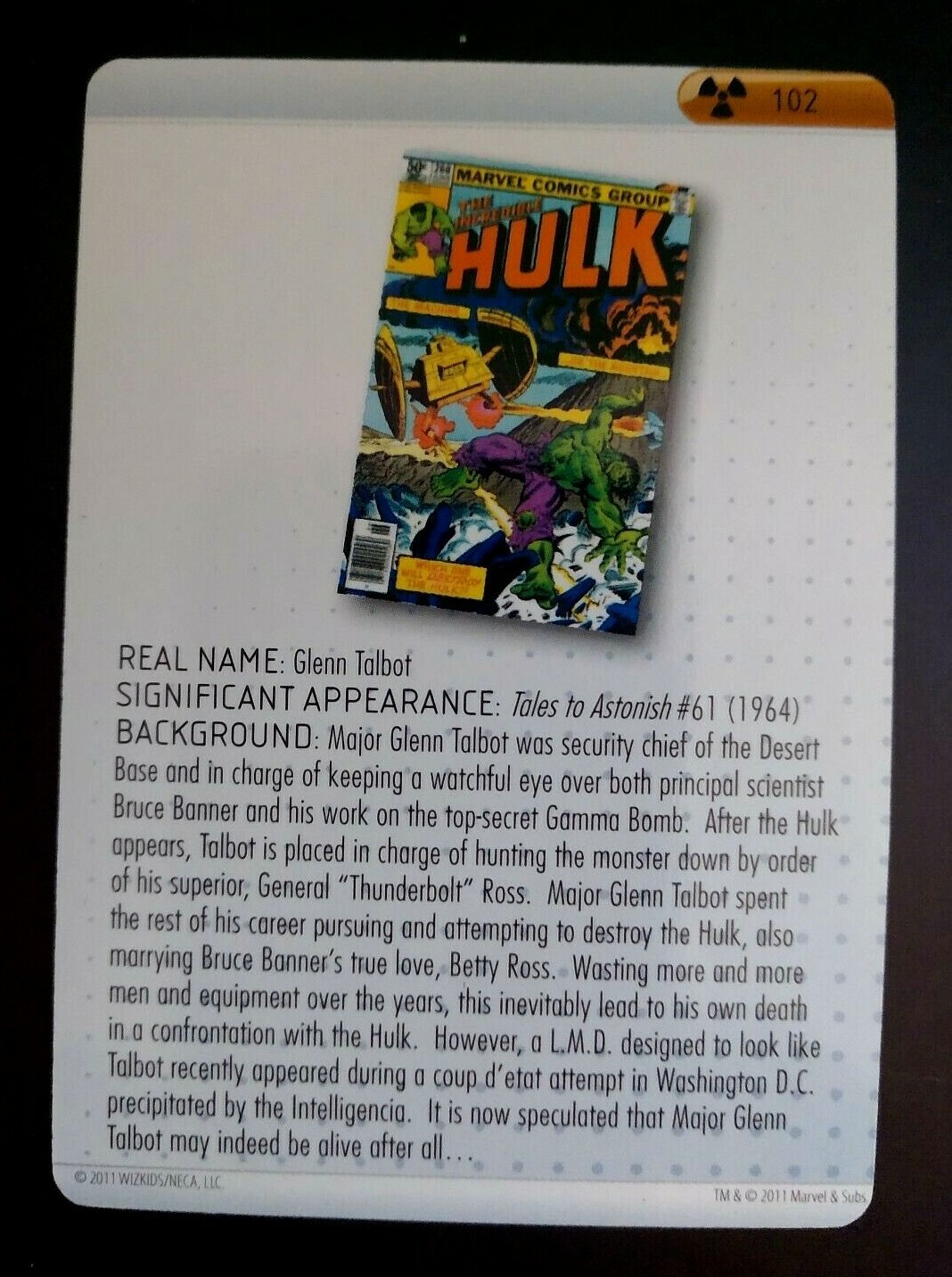 HEROCLIX MAJOR GLENN TALBOT LIMITED EDITION W/ CARD INCREDIBLE HULK SET ...