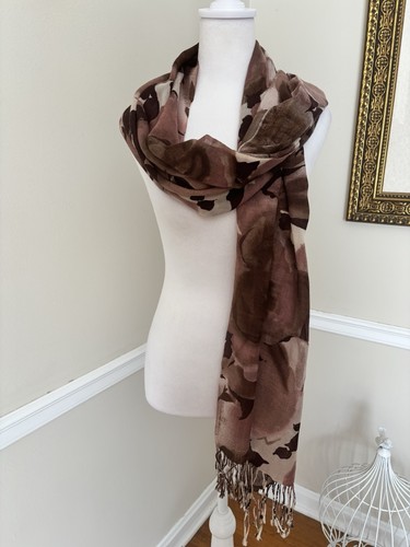 Talbots Womens 100% Wool Scarf Brown Floral Fringe | eBay