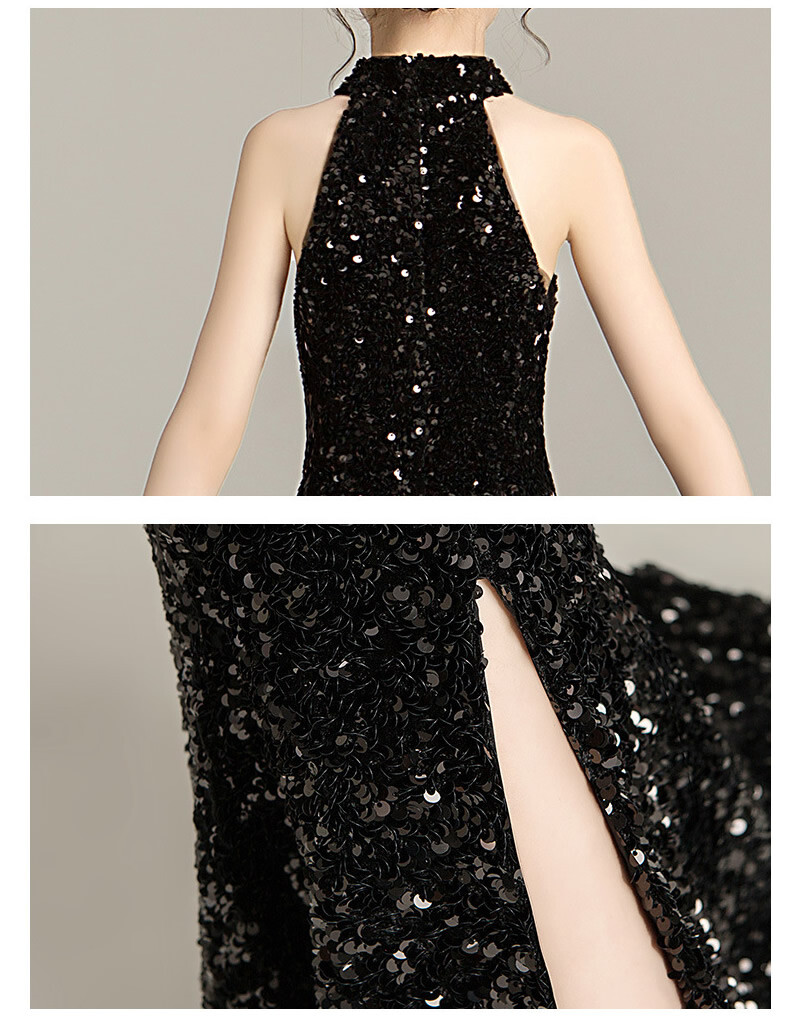 Halter Sequined Sweep Train Princess Fitted Mermaid Slit Dress Pageant ...