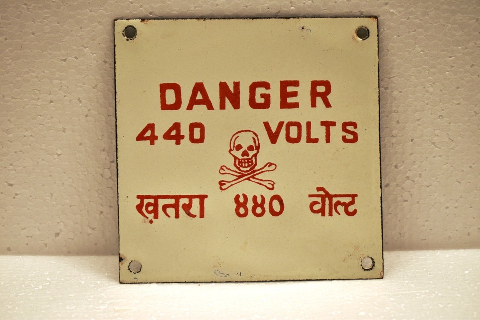 Vintage Indian Enamel Danger Sign 440 Volts Skull Symbol Hindi Script ...
