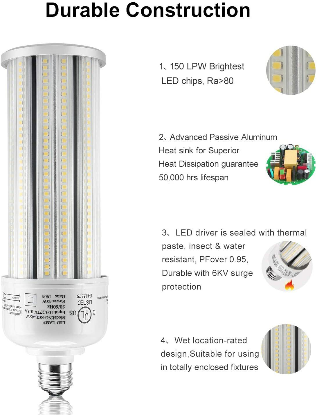45W LED Corn Bulb Daylight 5000K 6,550LM E26 Base Cob Lamp Area ...