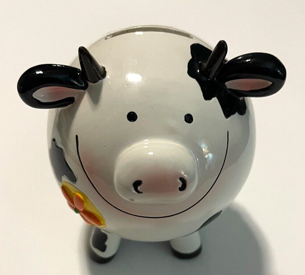 Painted Ceramic Cow Piggy Bank With Flower Painted On Side 4" L x 5" H ...