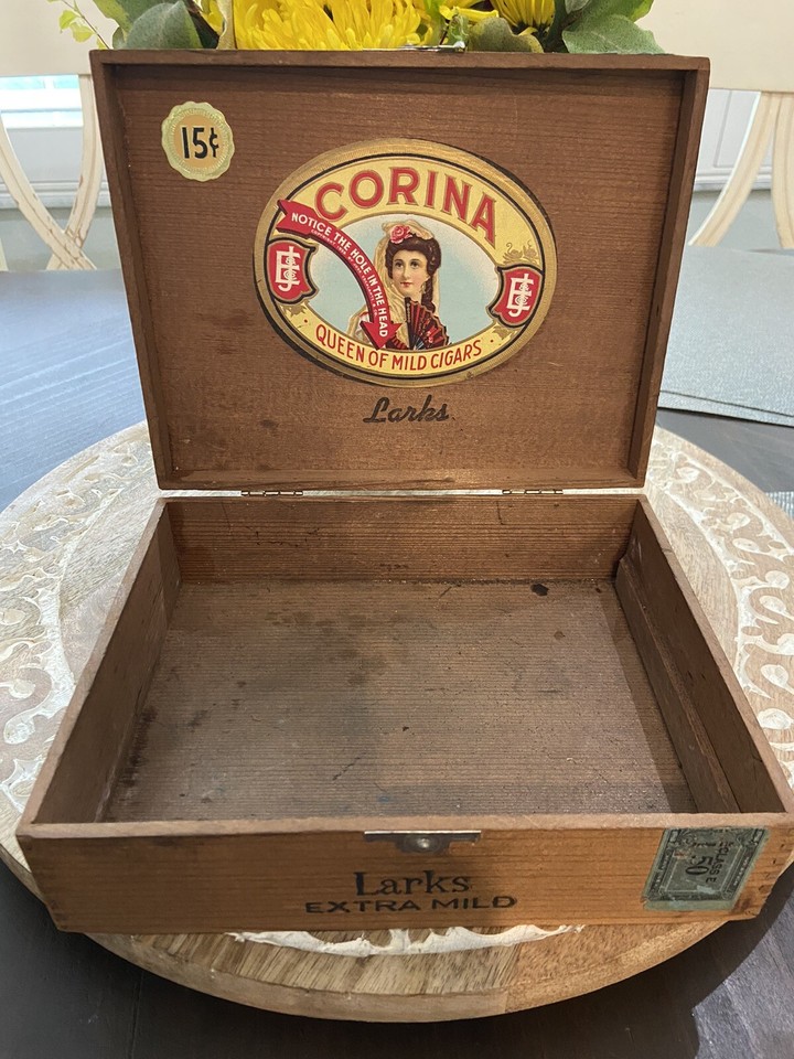 VINTAGE ANTIQUE WOOD CIGAR BOX CORINA LARKS EXTRA MILD | eBay