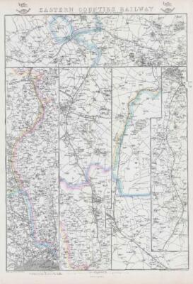 1863 Map EASTERN COUNTIES RAILWAYS London Cambridge Ely Norwich Weller ...