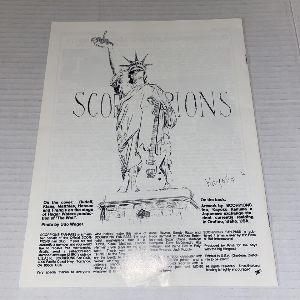 Vintage 1990s The Scorpions Fan Club Newsletter MARCH 1991 Rock Band ...
