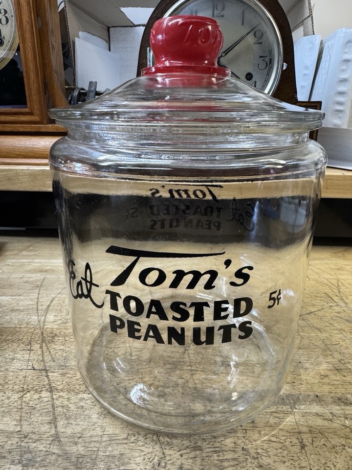 Tom's Toasted Peanuts 'Delicious' Glass Jar w/RED Nob Glass Lid Cookie ...