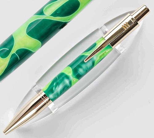 Hand Turned Click Top Ballpoint Pen, Acrylic Green Swirl Resin & Gold ...