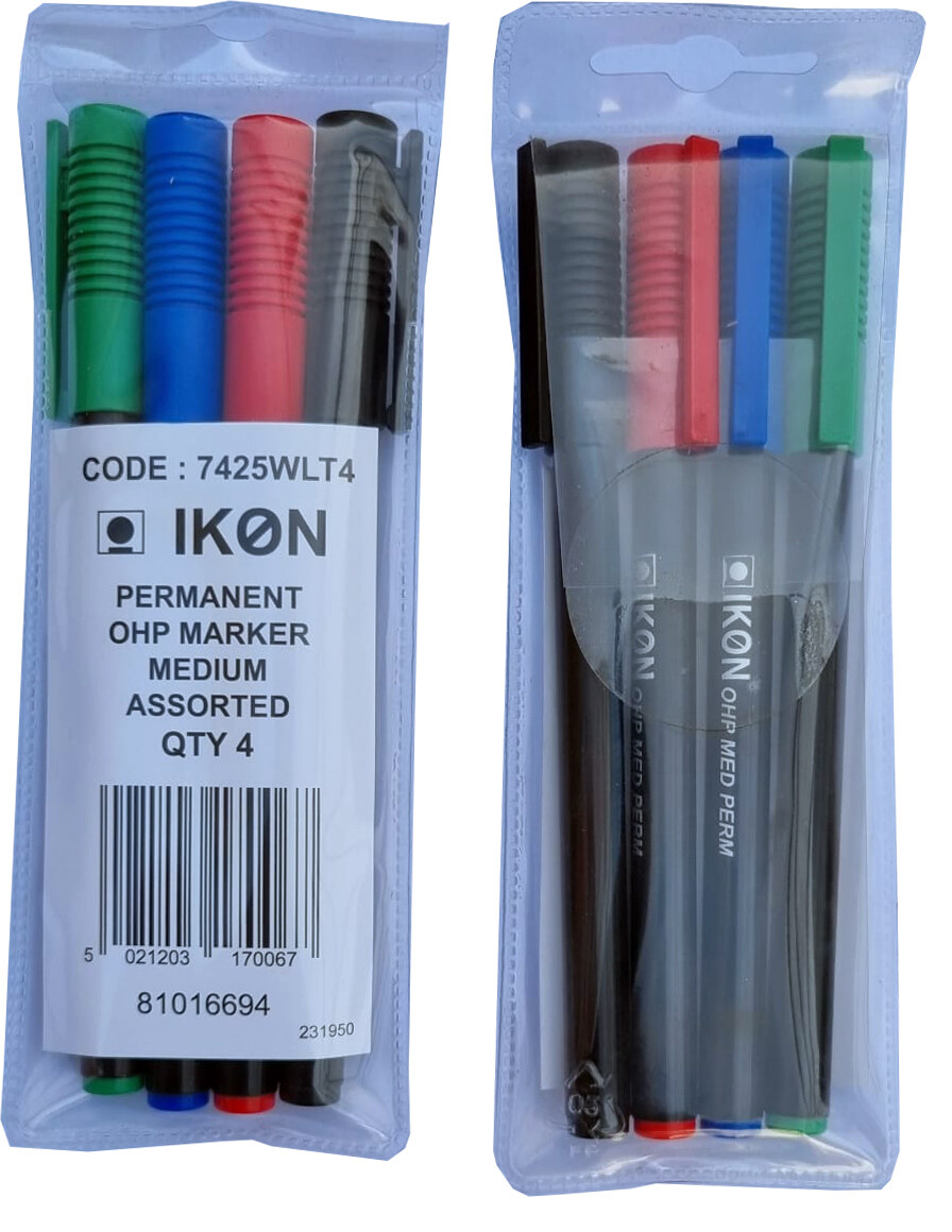 Medium Permanent Marker Pens Ikon OHP CD DVD 4 Assorted Ink Colours ...