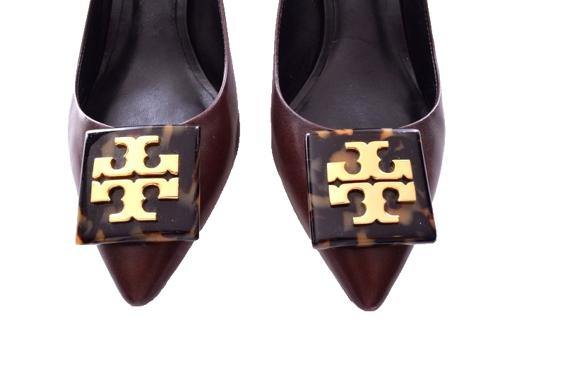 Tory Burch Pointed Toe Tortoise Shell Medallion Gold Logo Brown Pumps ...