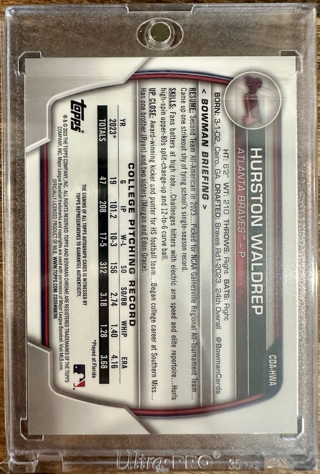 2023 Bowman Draft Hurston Waldrep Chrome Auto 1st #CDA-HWA Braves | eBay