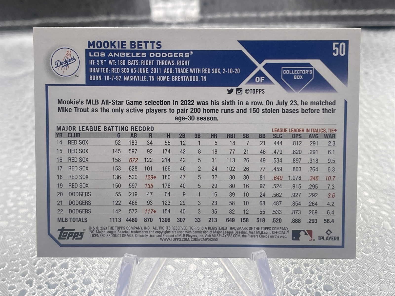 Mookie Betts 2023 Topps Series 1 Collectors Box SP #50 Dodgers Free ...
