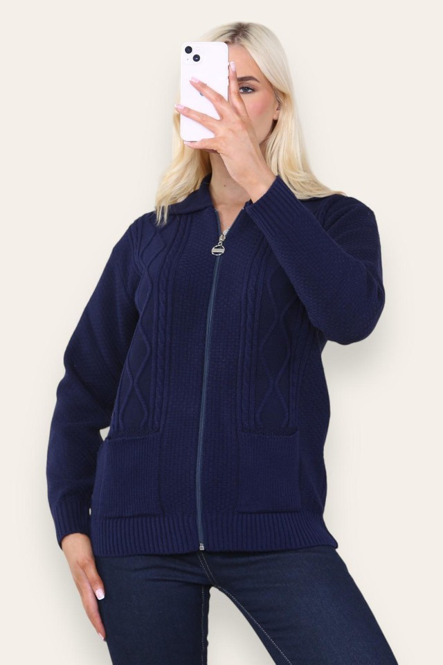 Ladies Women's Winter Zip Cardigan Zipped Cable Knit Long Sleeve Jumper ...
