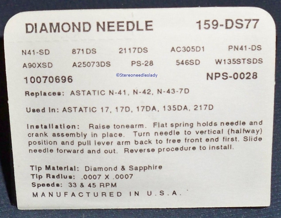 159-DS77 ROCK-OLA JUKEBOX NEEDLE STYLUS for Astatic 17 17D Astatic N41 ...