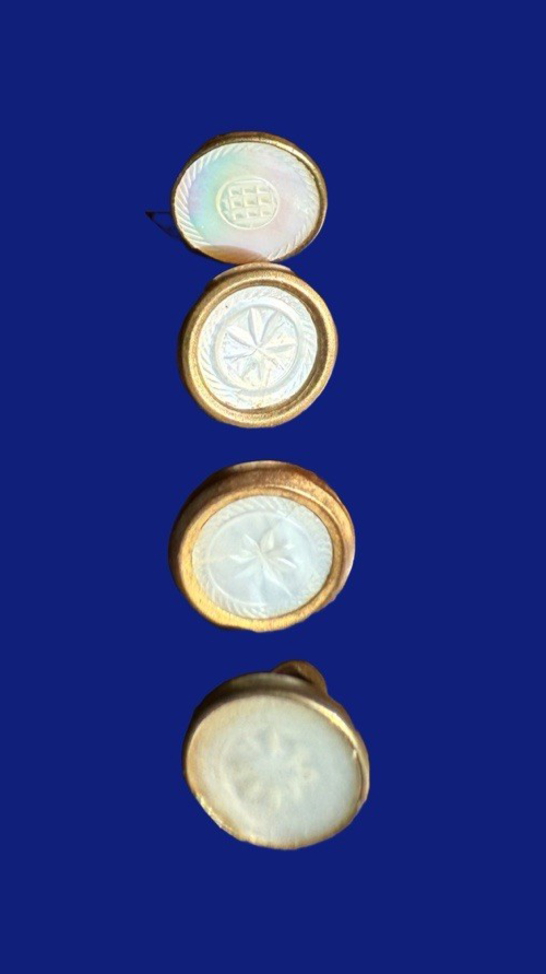 4 JACKSONIAN ERA ~Antique VEST BUTTONS 1830’s ~ MOP PEARL set in metal ...