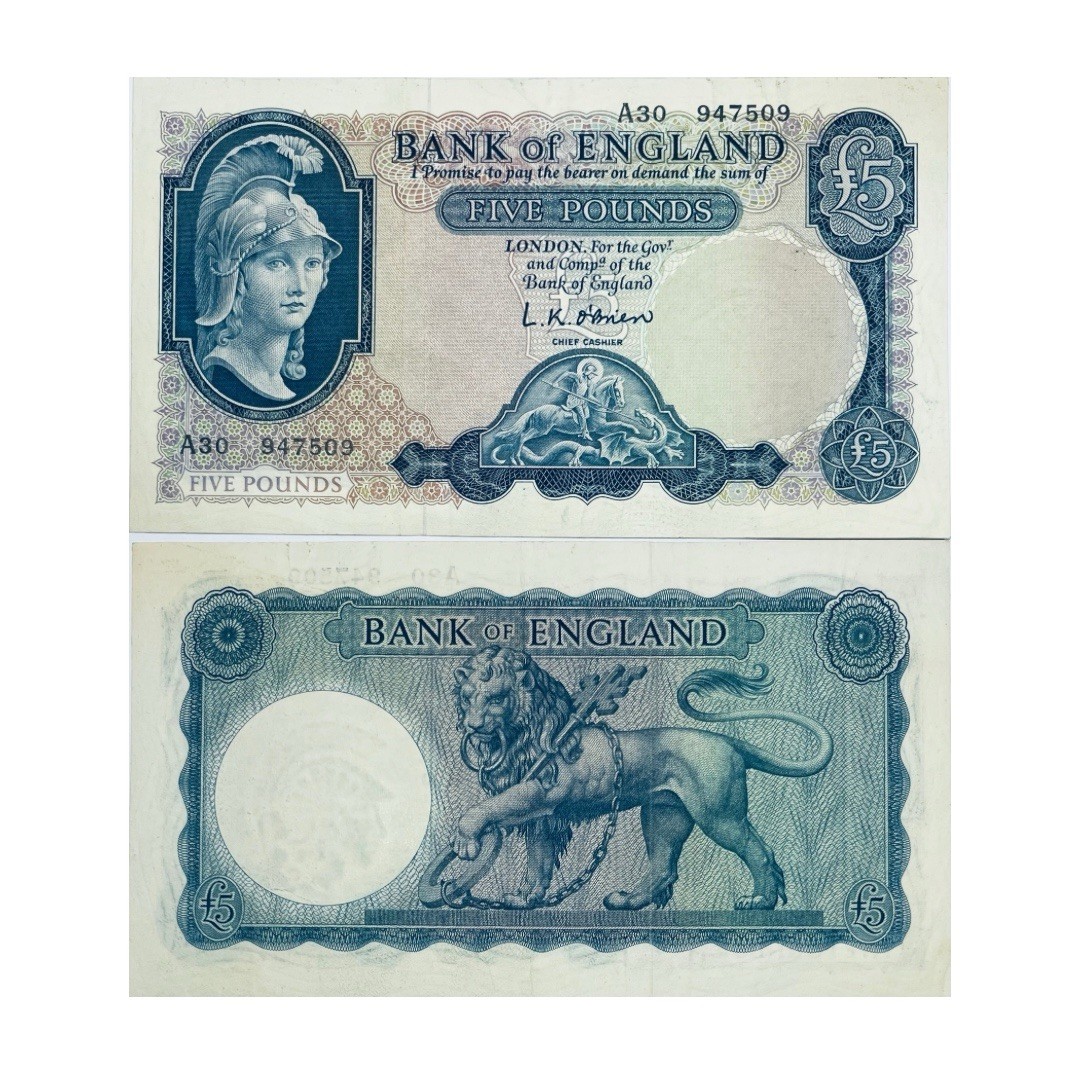 1957 BRITISH BANK OF ENGLAND 5 ENGLISH POUNDS OLD BANKNOTE UK BRITANNIA ...