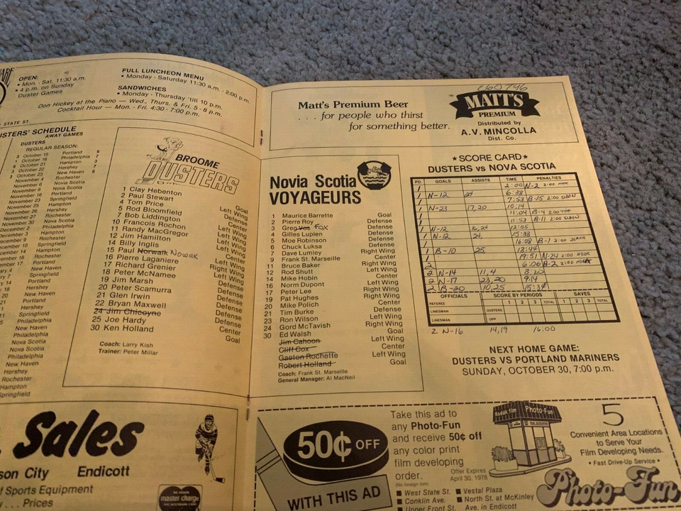 1977 Broome Dusters v Nova Scotia Voyageurs AHL Hockey Program 10/26 ...