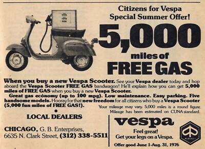 1976 PRINT AD CITIZENS FOR VESPA FREE GAS SUMMER OFFER LOCAL CHICAGO ...