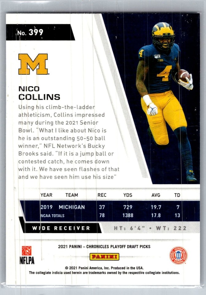 Nico Collins 2021 Panini Chronicles Playoff Draft Picks Base Michigan ...