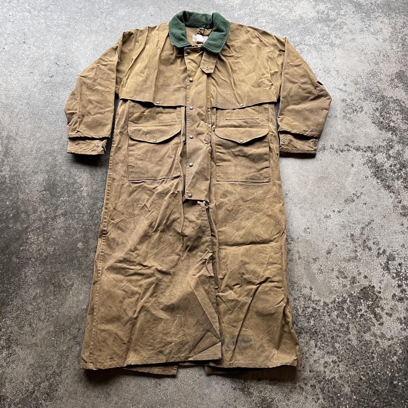 Vtg CC Filson Tin Cloth Oil Waxed DUSTER Coat Style #65 Shell Mens Size ...