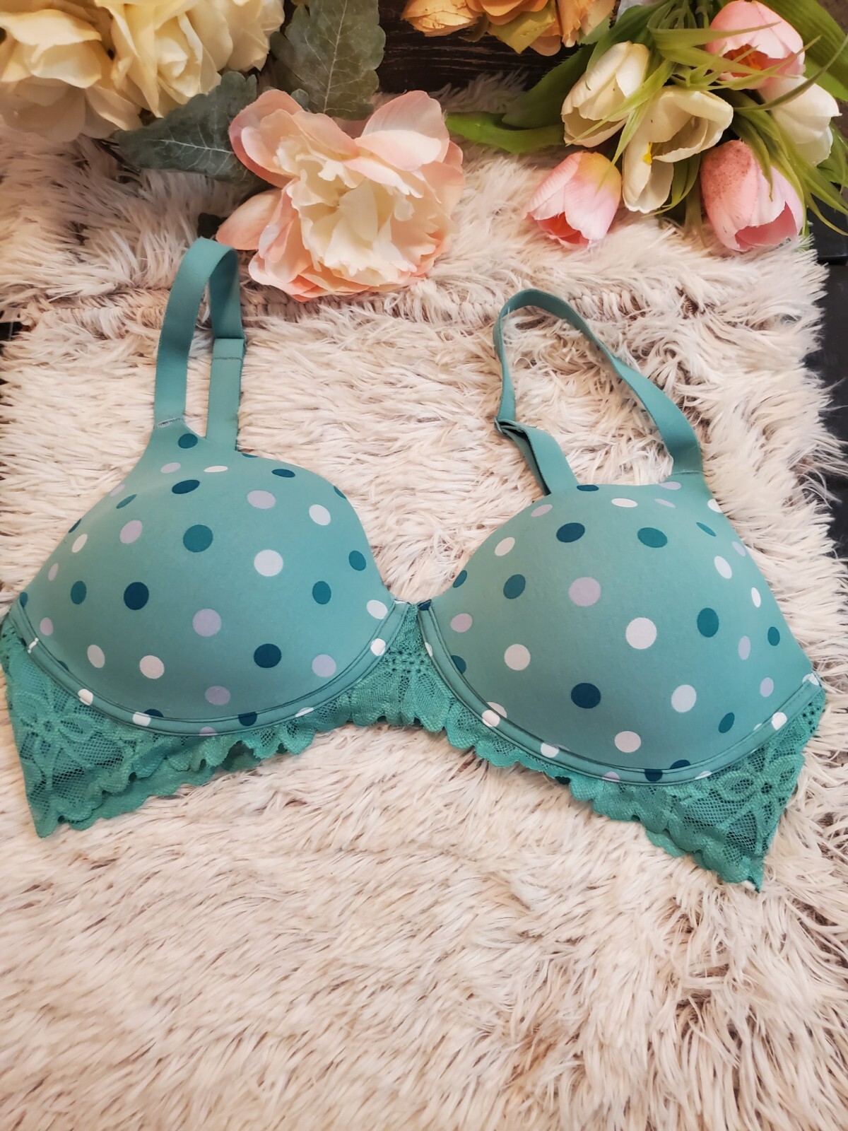No Boundaries Lace Frame Wireless Bra Teal Polka Dots… - Gem