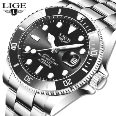 LIGE Mens Wristwatch Luxury Quartz Black Diver Waterproof Sports Silver ...