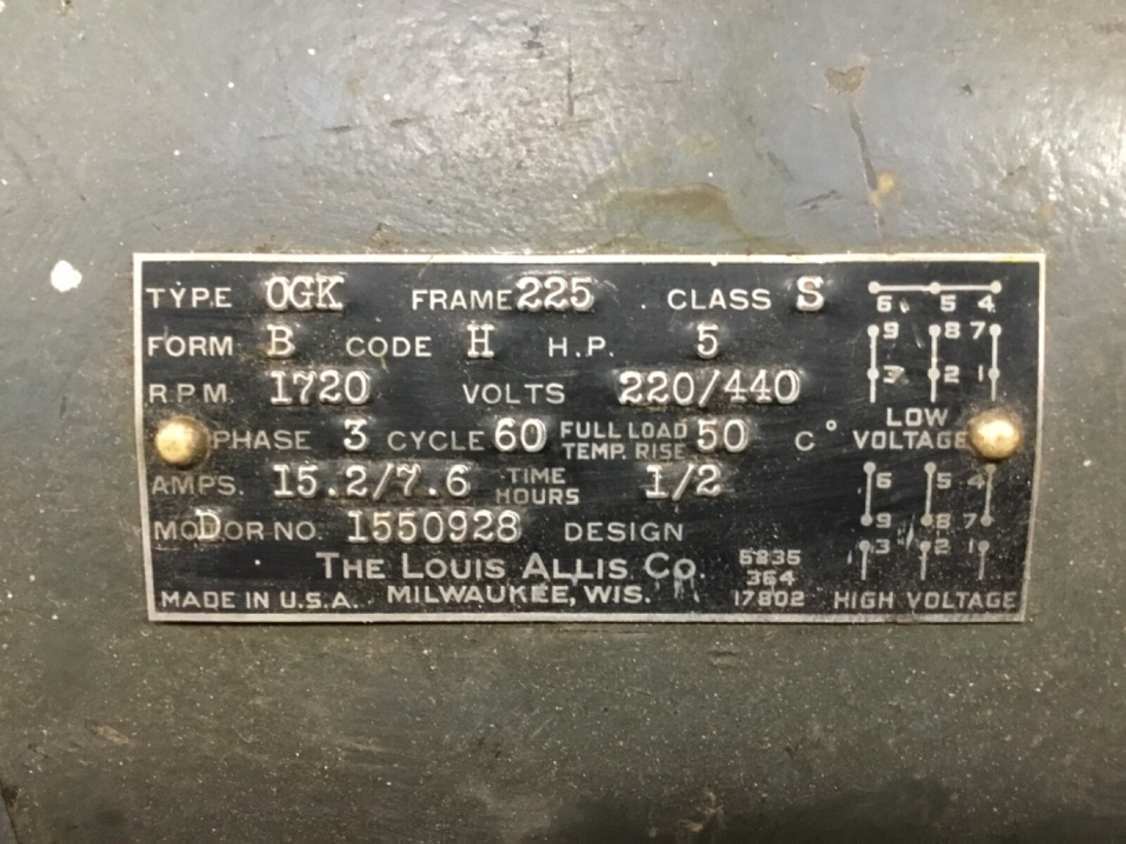 Louis Allis Electric Motor 5HP 220/440V 3PH 1720 RPM 225 Frame ...