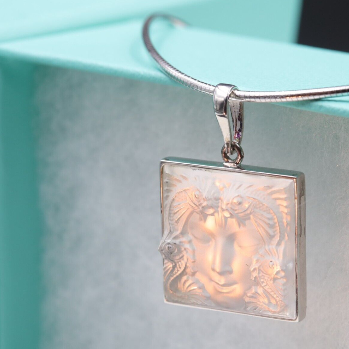 Lalique Crystal Arethuse Masque de Femme square pendant sterling 17 in ...