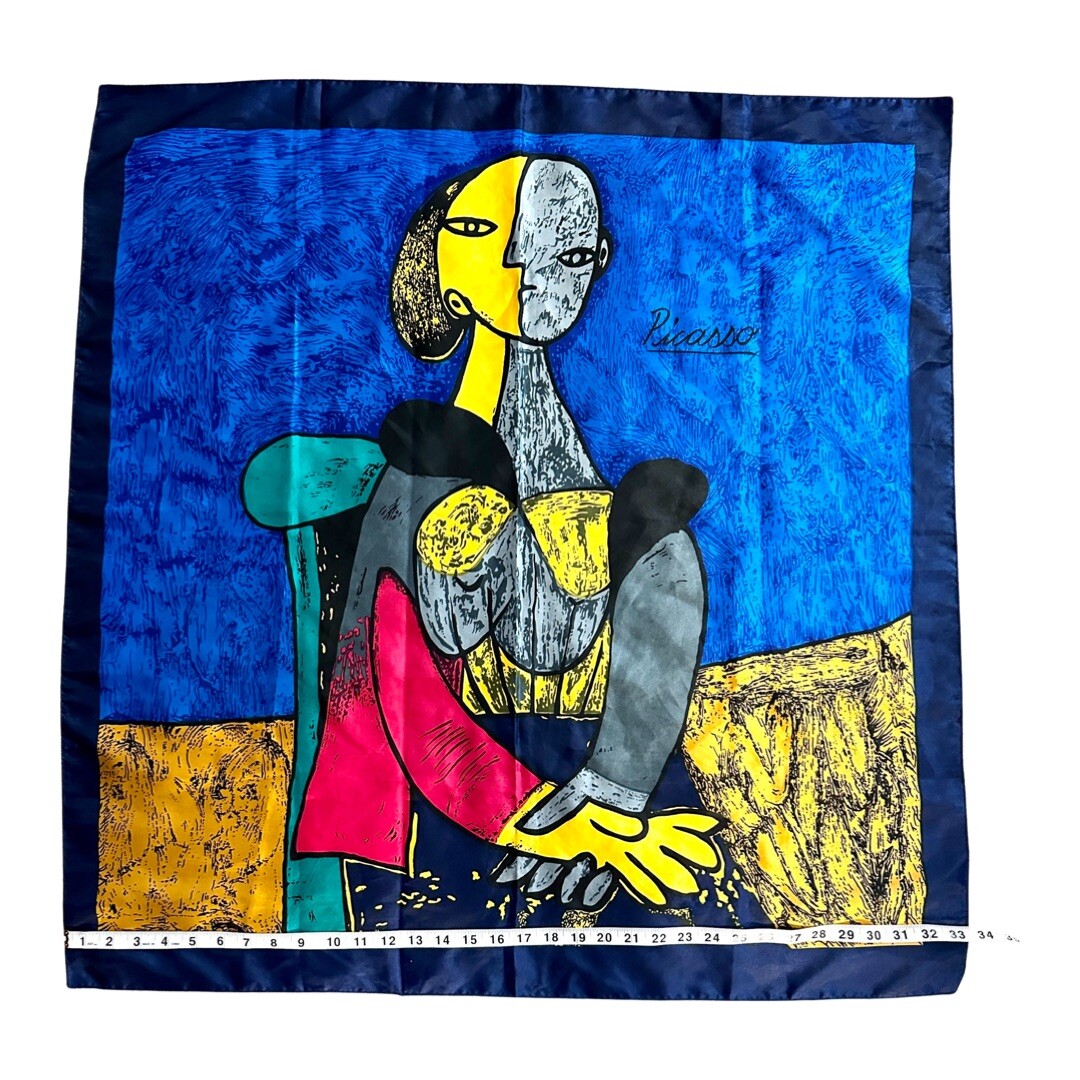 Vintage Picasso Art Seated Woman Vibrant Silk Scarf 3… - Gem