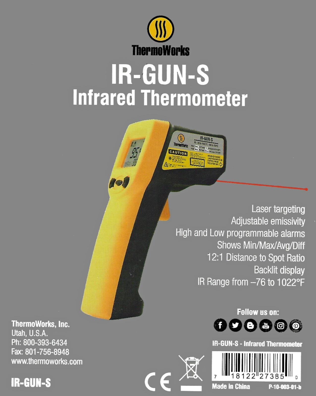 ThermoWorks IR-GUN-S Infrared Thermometer Digital Laser Gun -76°F 1022 ...