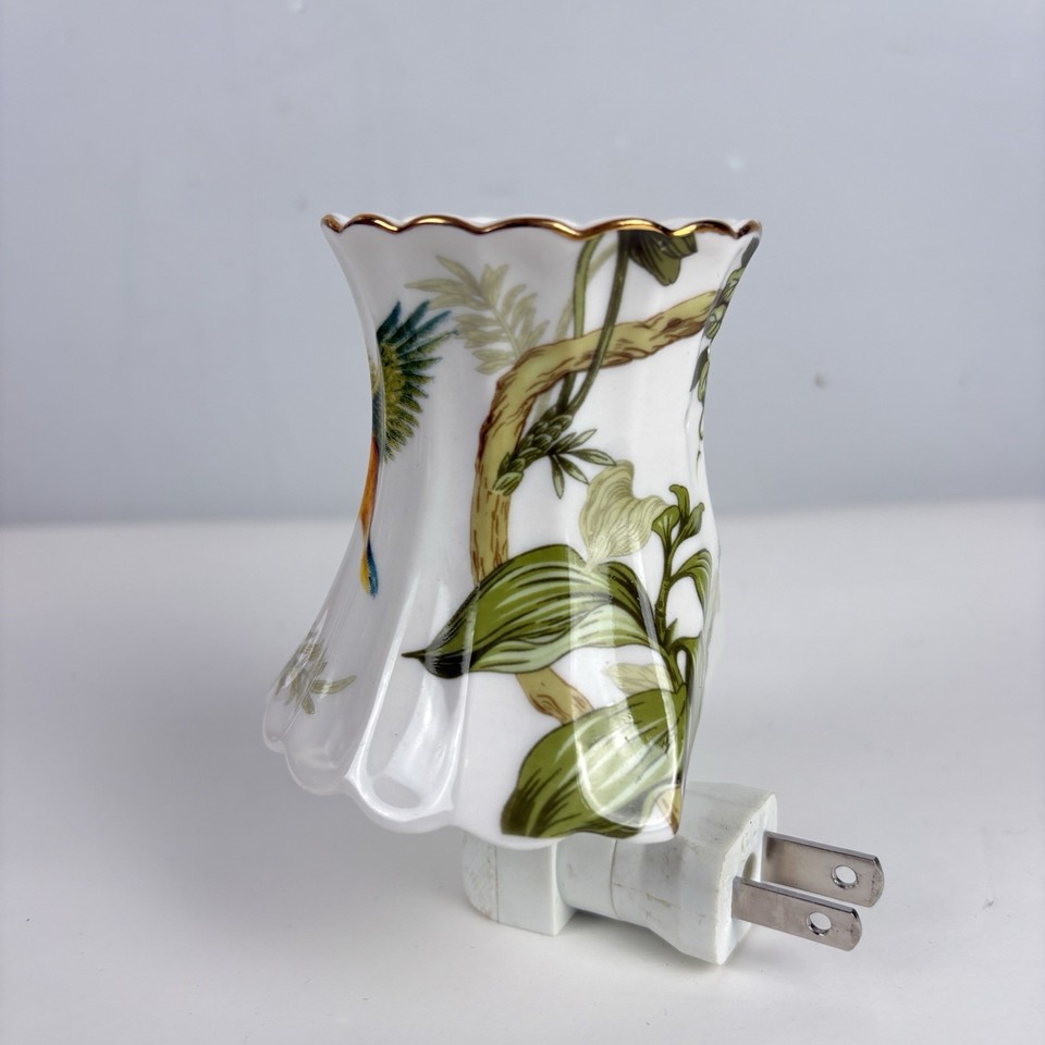 Porcelain Night Light Lamp Shade + Light Plug In Tropical Bird Flowers ...