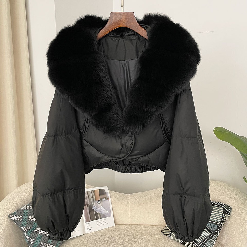 Winter Womens Real Fox Fur Big Collar Down Jackets Short Coat Cropped ...