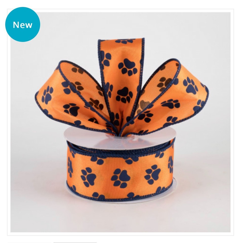 Orange Satin Navy Blue Paw Prints 1.5" Wired Pet Paws Ribbon 10 Yards ...