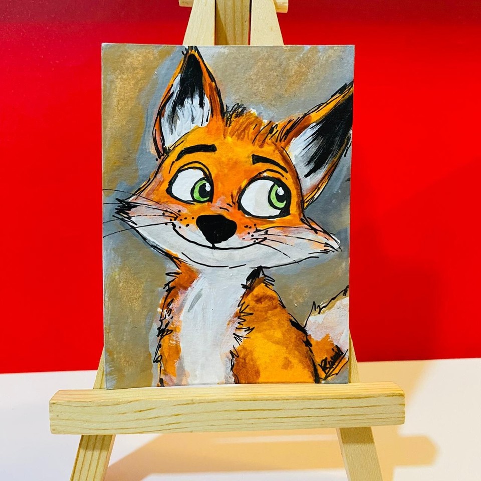 ACEO Original Cute Fox Green Eyes Whimsical Animal Acrylic Painting ...