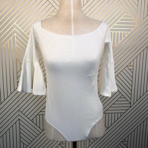 NBD Seduire Off-the-Shoulder 3/4 Bell Sleeve Ribbed Bodysuit in Ivory ...