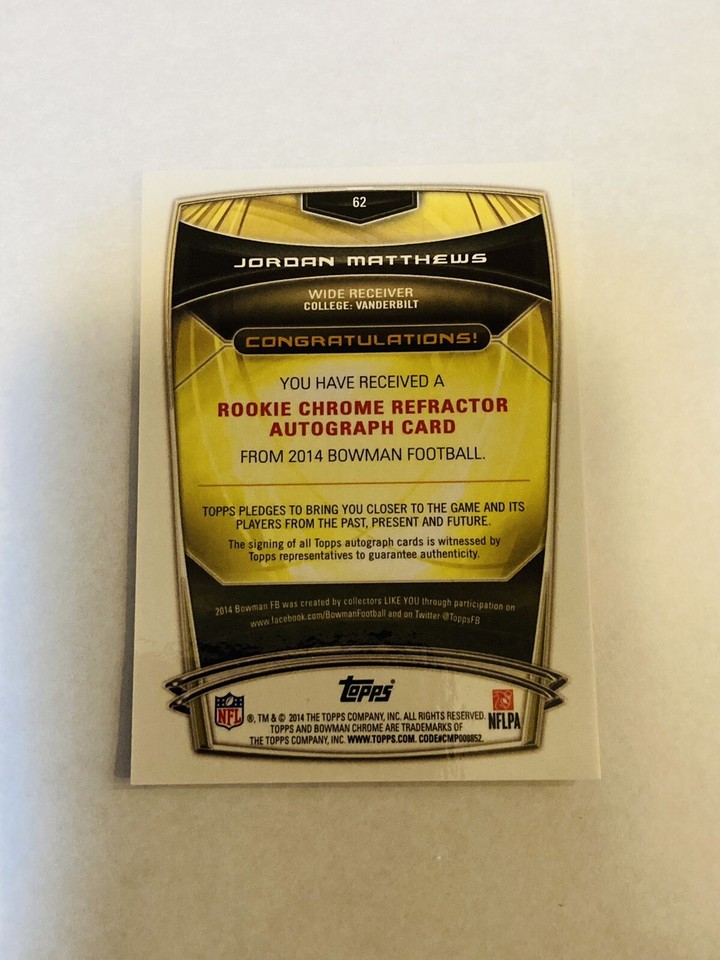 Jordan Matthews 2014 Bowman Chrome Autograph Refractor Rookie RC Eagles ...