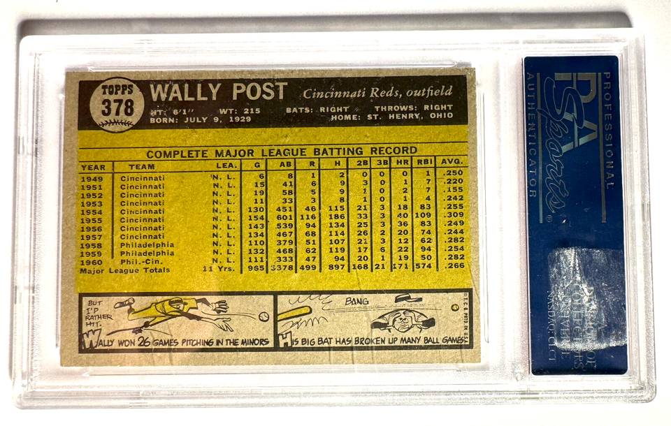 1961 TOPPS WALLY POST PSA 8 N-MT CINCINNATI REDS OUTFIELDER CARD #378 ...