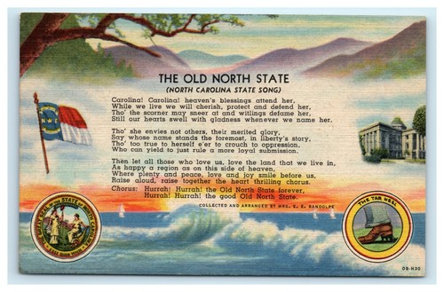 POSTCARD The Old North State North Carolina State Song Linen | eBay