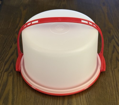Vtg Tupperware 10” Cake Taker Classic Red Sheer Lid Red Carry Handle ...