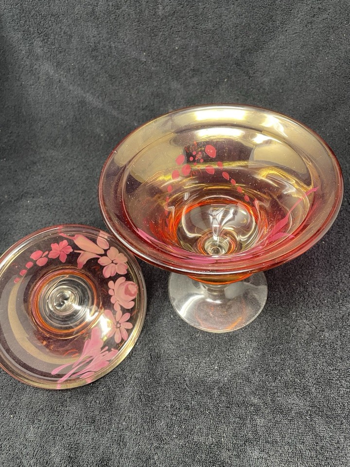 Paden City Glass Cranberry Flash Painted Flowers Candy Jar | eBay UK