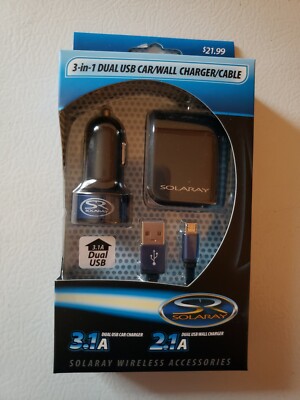 New SOLARAY 3 In 1 Dual USB Car & Wall Charger With Micro USB Cable ...