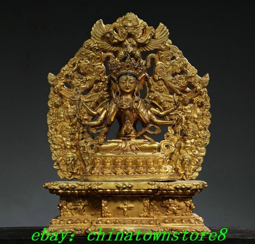 Pure Bronze Gild Painting 3 Head 8 Arms Namgyalma Ushnishavijaya Buddha ...