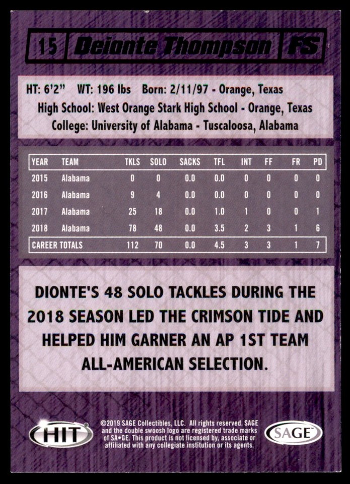 2019 Sage Hit Premier Draft Deionte Thompson Rookie #15 | eBay