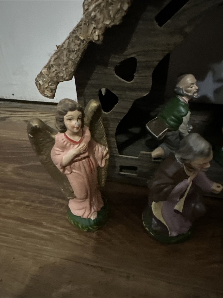 Vtg 1950s Nativity Cardboard Creche Manger 8 Chalkware Figures ...
