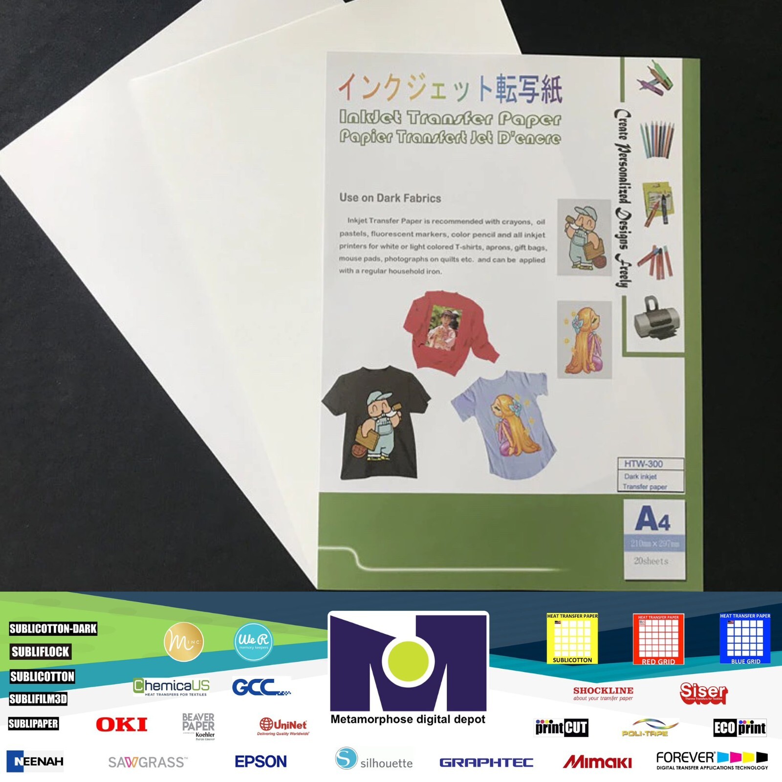 HTW-300 Dark Fabric Inkjet Heat Transfer Paper 5 Sheets A4 210mm x ...