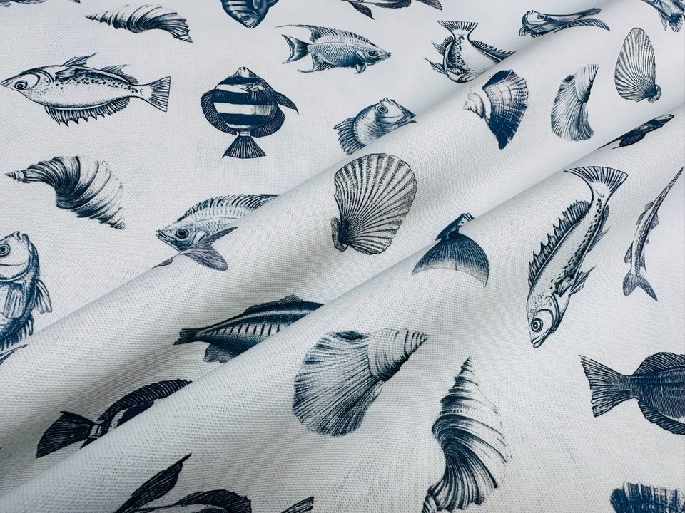 Navy Fish Cotton Fabric Seashell Coastal Print Home Decor Curtain ...